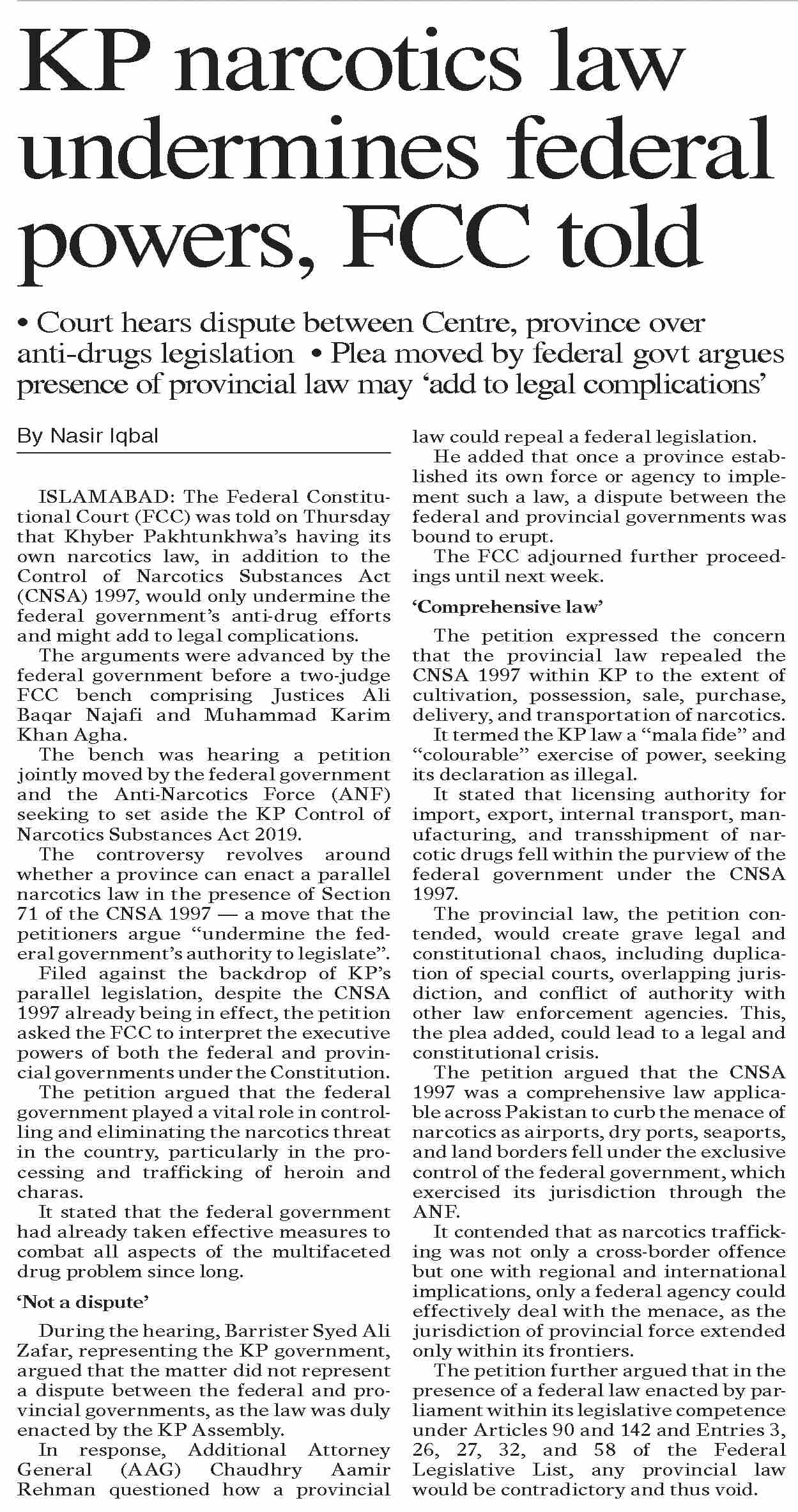 Dawn-ePaper | Jan 16, 2026 | KP narcotics law undermines federal powers ...
