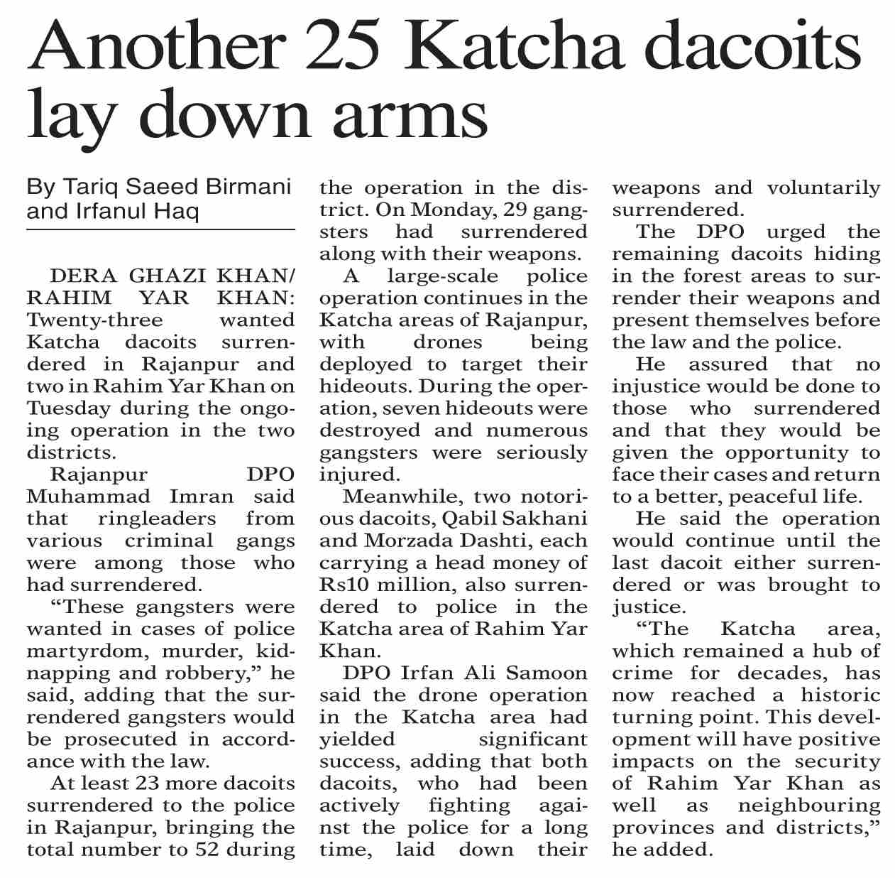 Dawn-ePaper | Jan 21, 2026 | Another 25 Katcha dacoits lay down arms