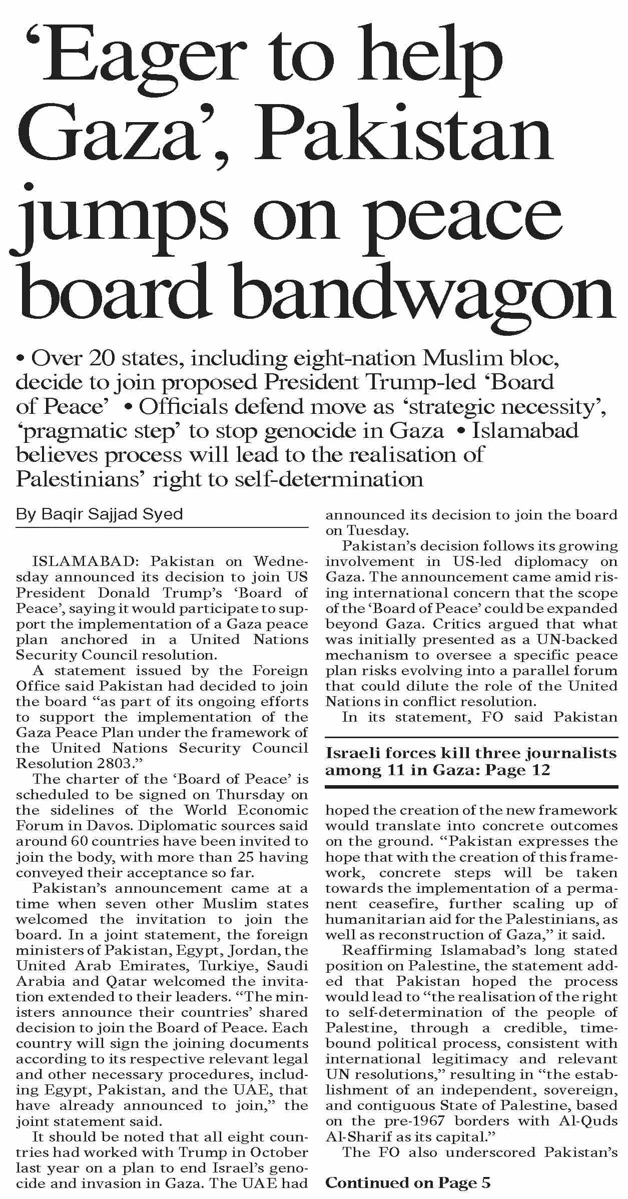 Dawn-ePaper | Jan 22, 2026 | `Eager to help Gaza`, Pakistan jumps on ...