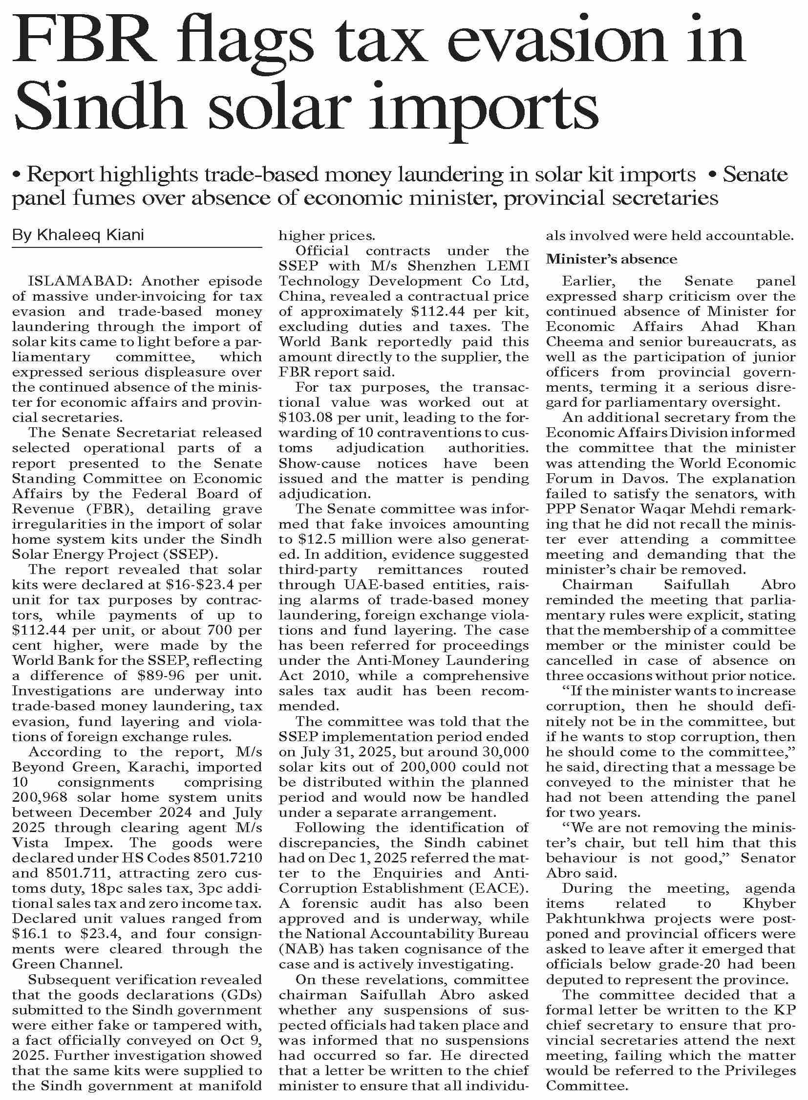 Dawn-ePaper | Jan 22, 2026 | FBR flags tax evasion in Sindh solar imports