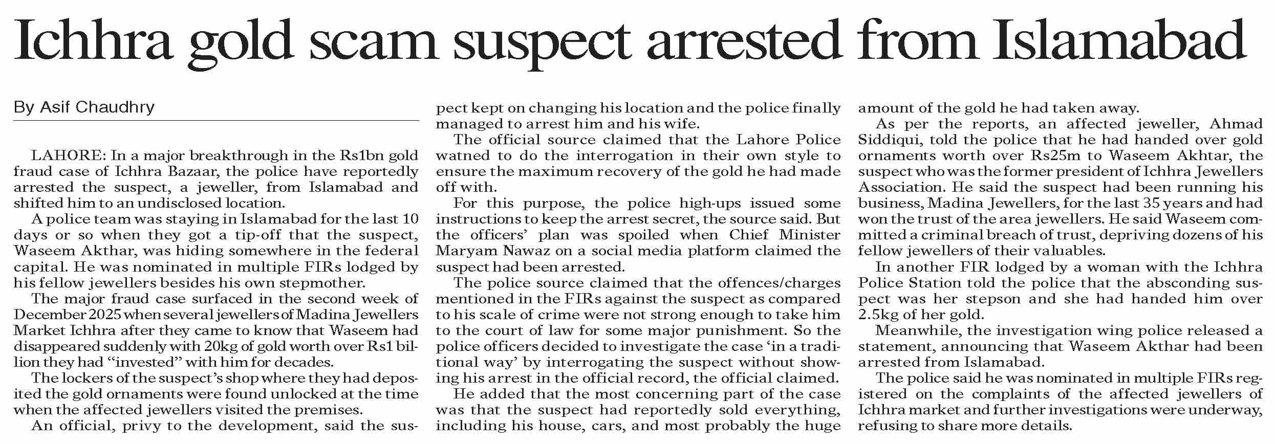 Dawn-ePaper | Jan 23, 2026 | Ichhra gold scam suspect arrested from ...