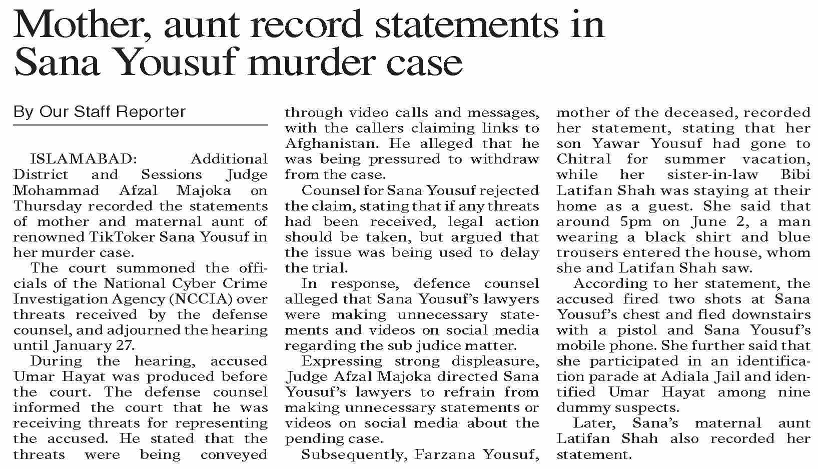 Dawn-ePaper | Jan 23, 2026 | Mother, aunt record statements in Sana ...