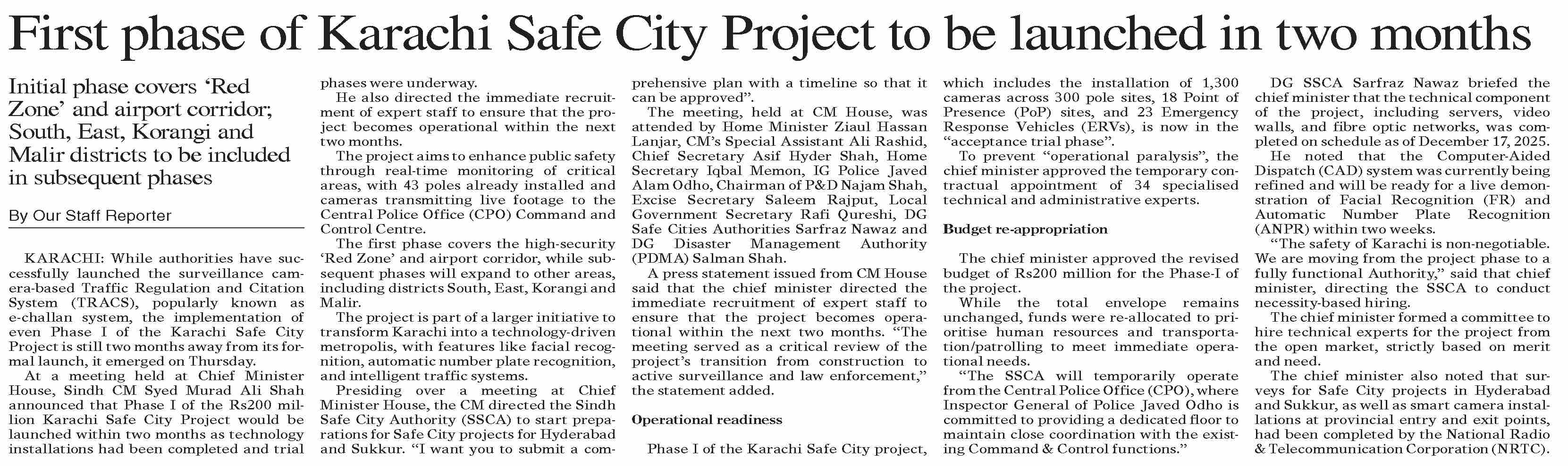 Dawn-ePaper | Jan 23, 2026 | First phase of Karachi Safe City Project ...