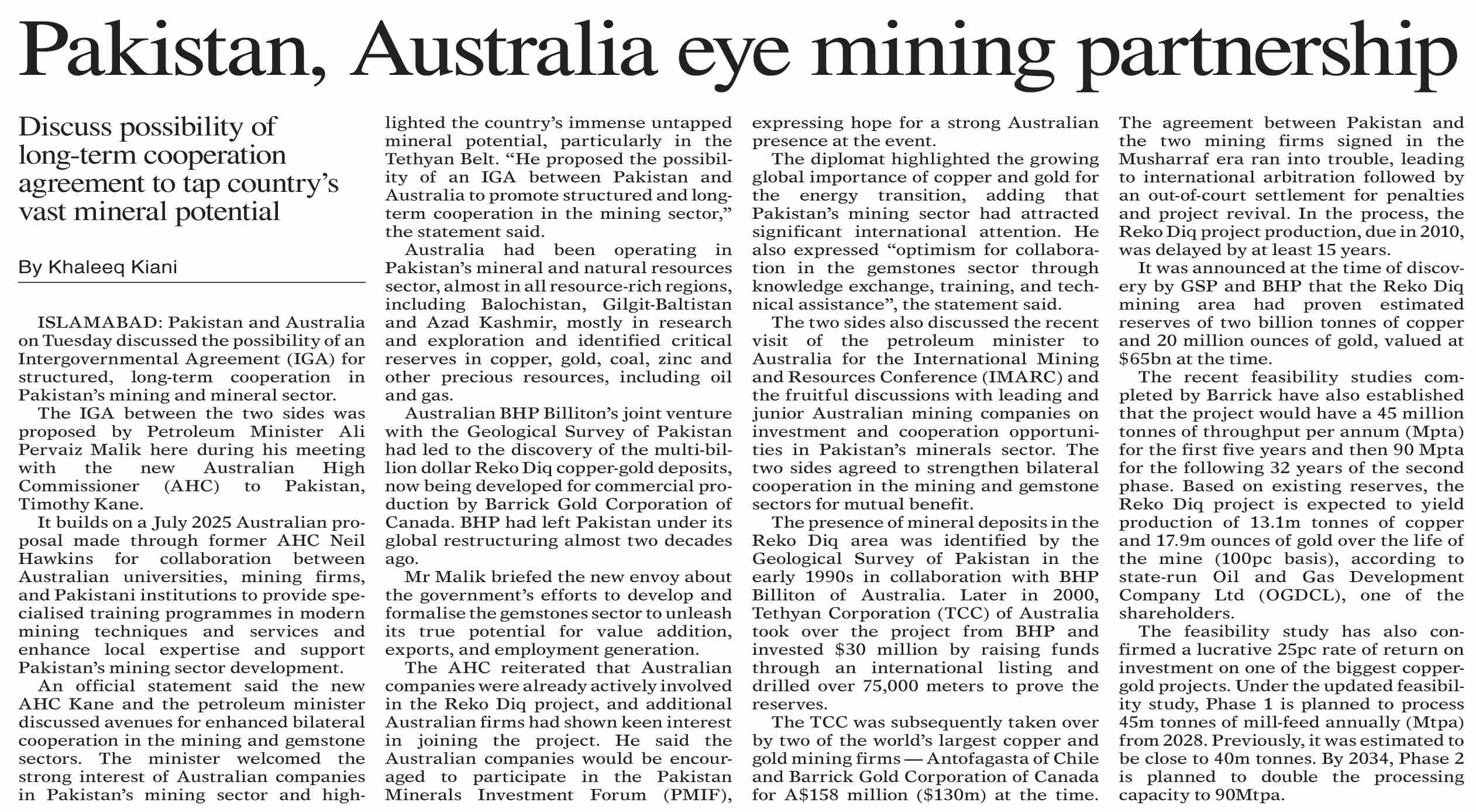 Dawn-ePaper | Jan 28, 2026 | Pakistan, Australia eye mining partnership