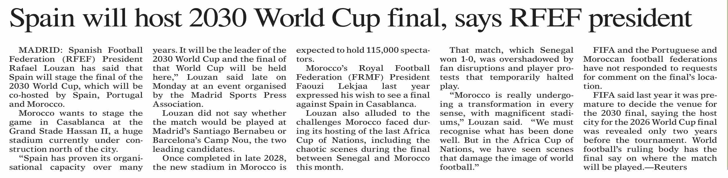 Dawn-ePaper | Jan 28, 2026 | Spain will host 2030 World Cup final, says ...