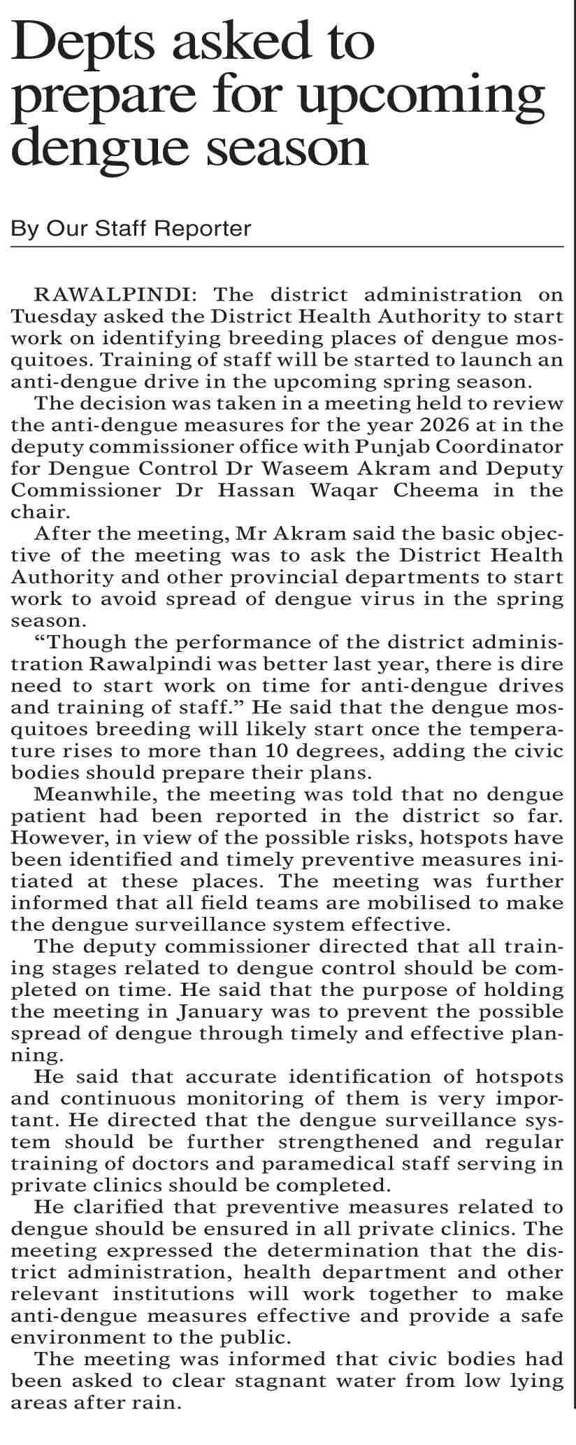 Dawn-ePaper | Jan 28, 2026 | Depts asked to prepare for upcoming dengue ...