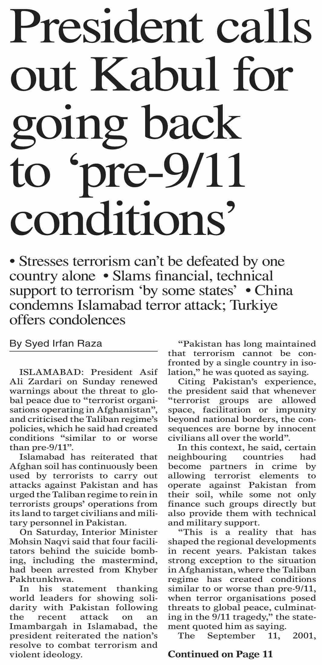 Dawn-ePaper | Feb 09, 2026 | President calls out Kabul for going back ...
