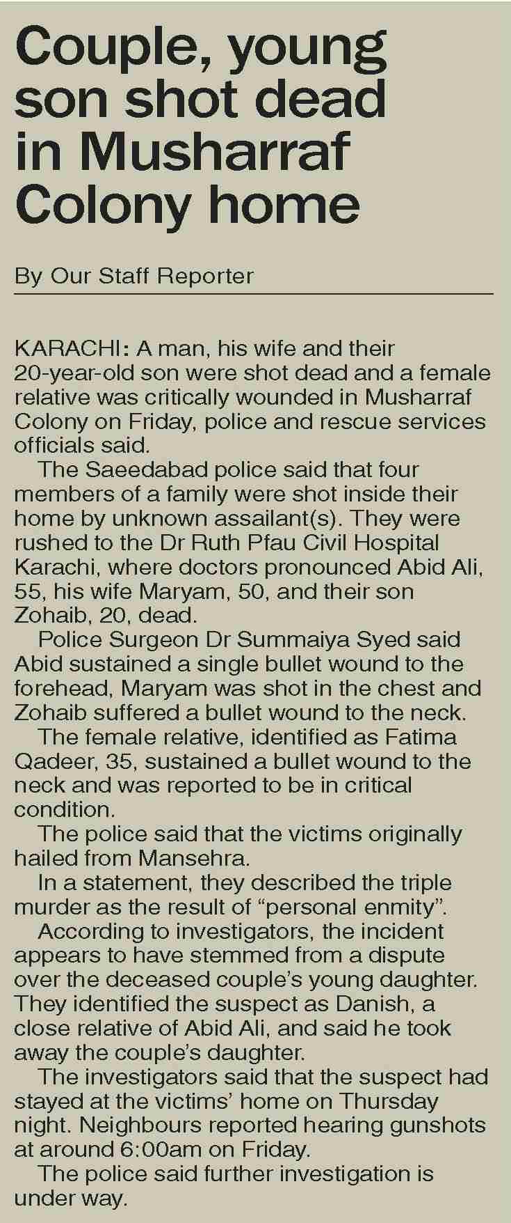 Dawn-ePaper | Feb 14, 2026 | Couple, young son shot dead in Musharraf ...