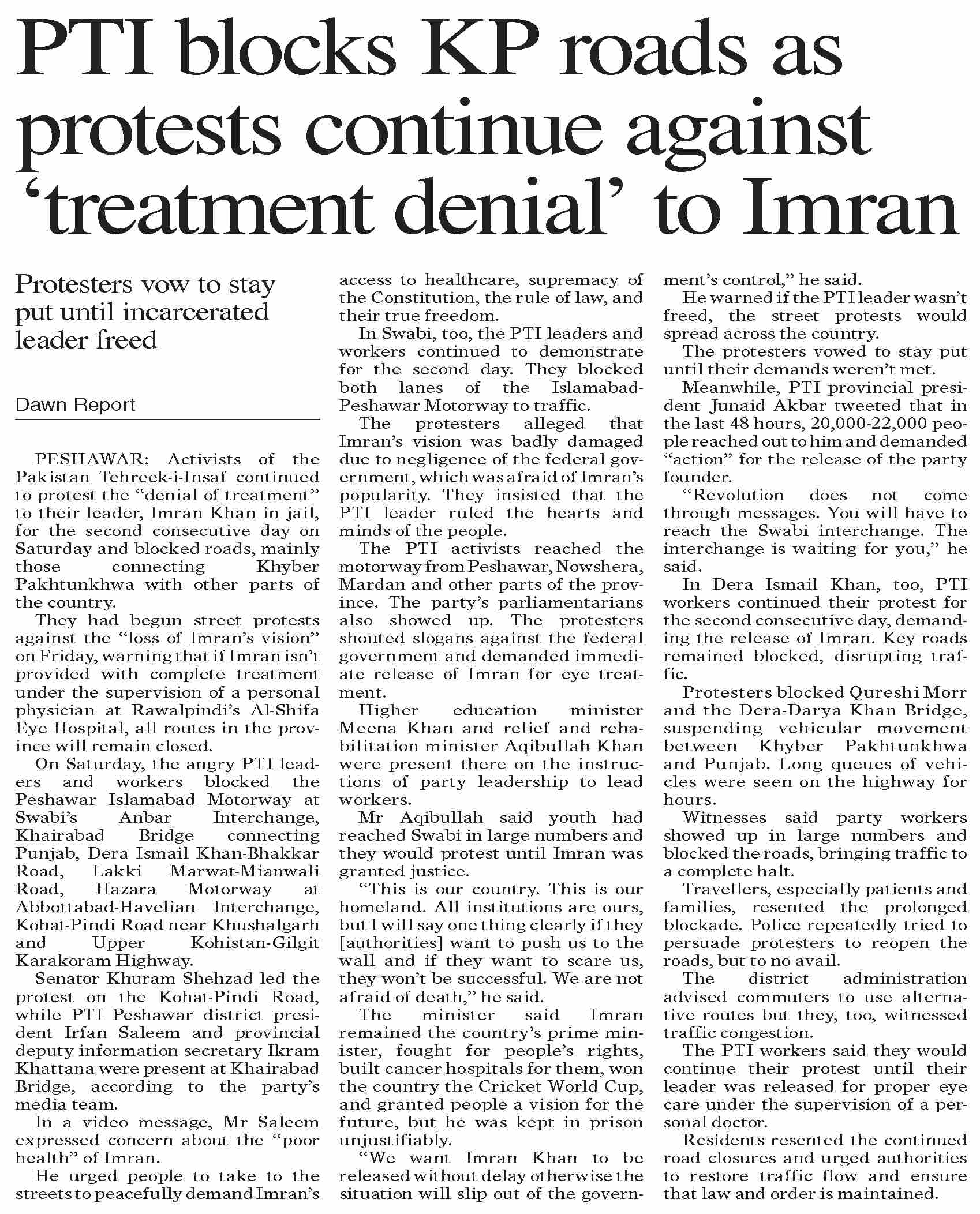 Dawn-ePaper | Feb 15, 2026 | PTI blocks KP roads as protests continue ...