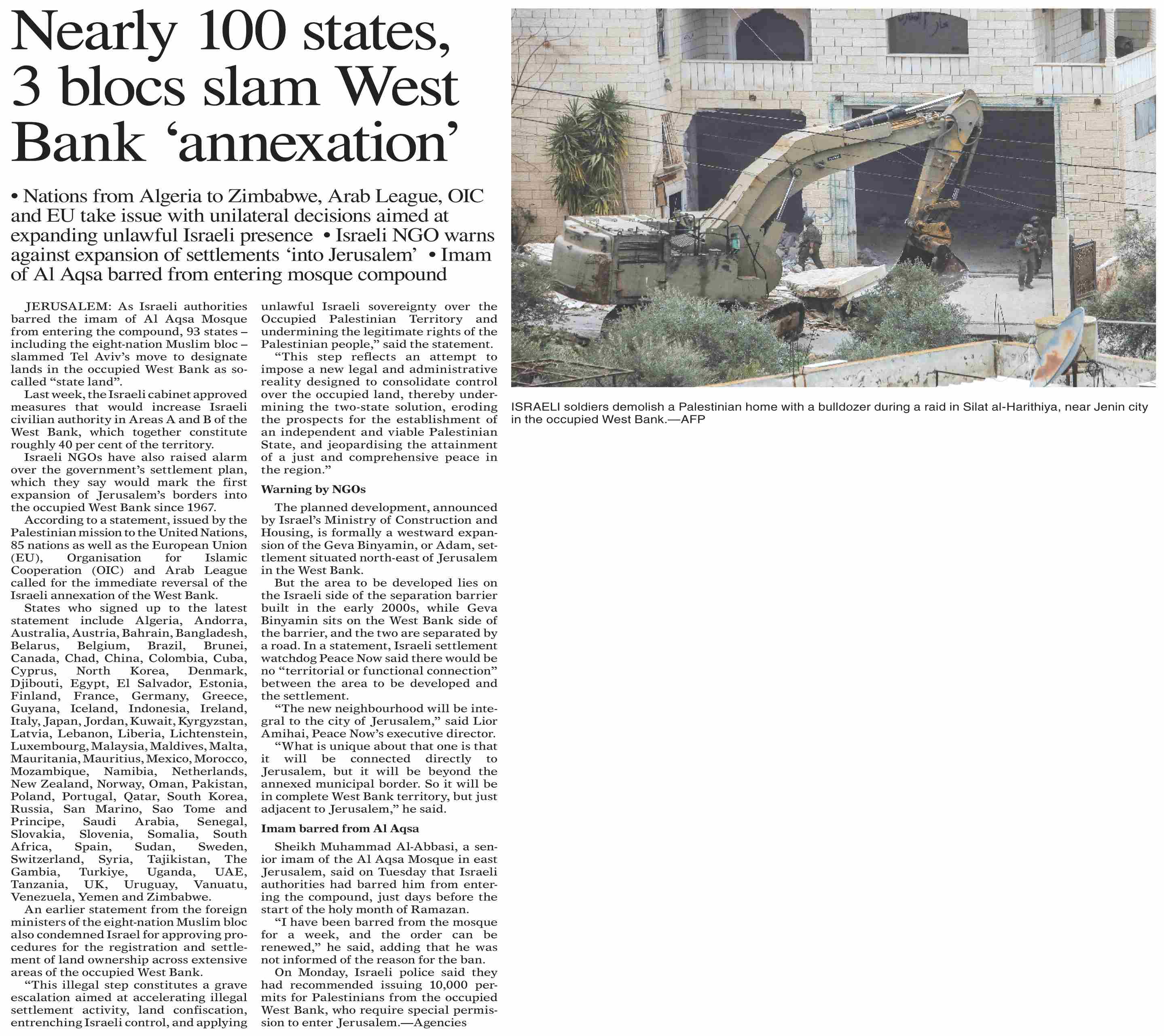 Dawn-ePaper | Feb 18, 2026 | Nearly 100 states, 3 blocs slam West Bank ...