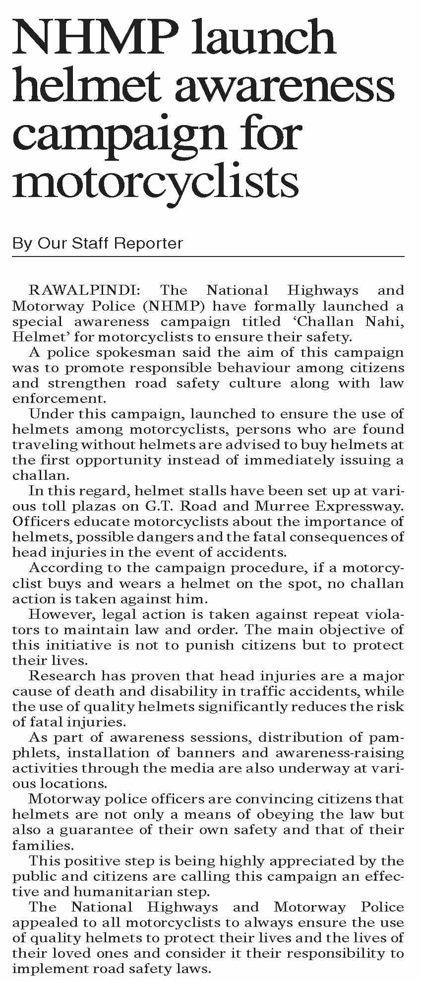 Dawn-ePaper | Mar 05, 2026 | NHMP launch helmet awareness campaign for ...