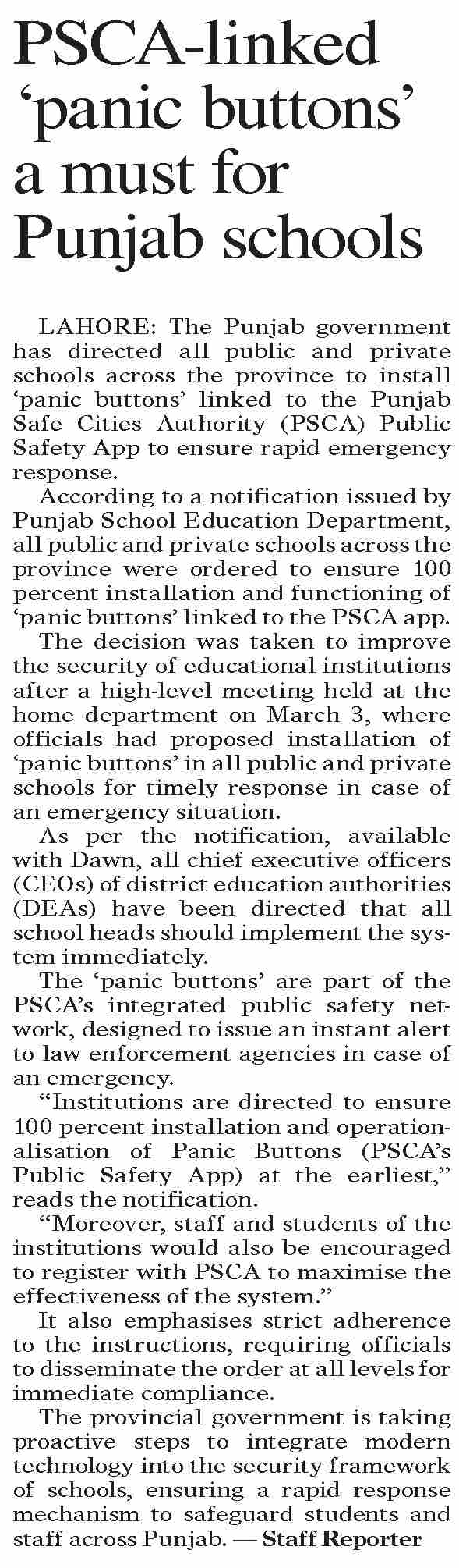 Dawn-ePaper | Mar 13, 2026 | PSCA-linked `panic buttons` a must for ...