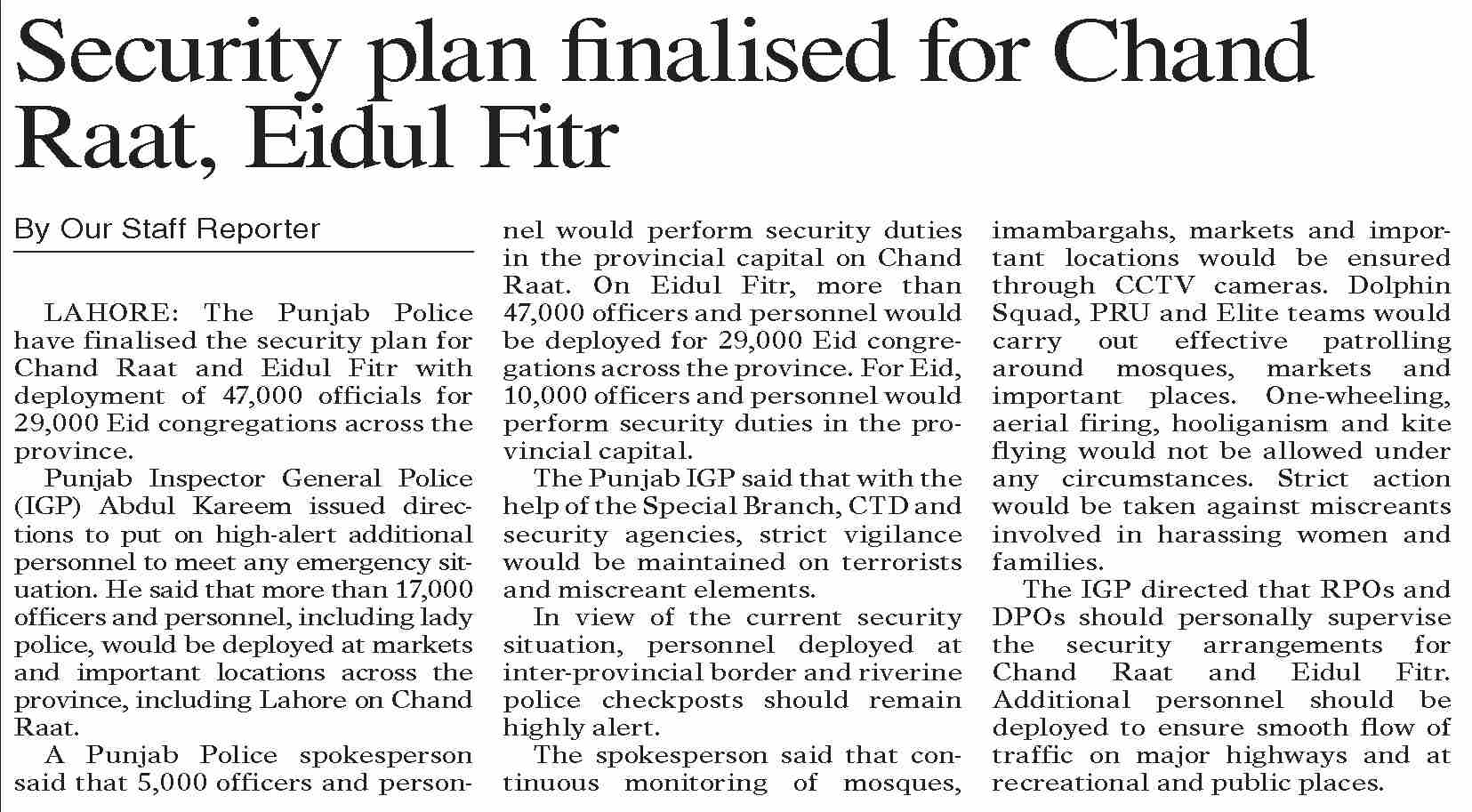 Dawn-ePaper | Mar 19, 2026 | Security plan finalised for Chand Raat ...